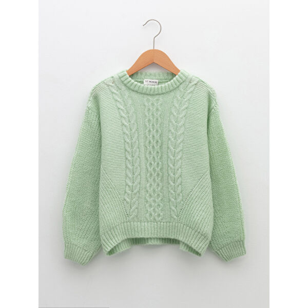 Bisiklet Yaka Saç Örgüsü Desenli Uzun Kollu Kız Çocuk Triko Kazak