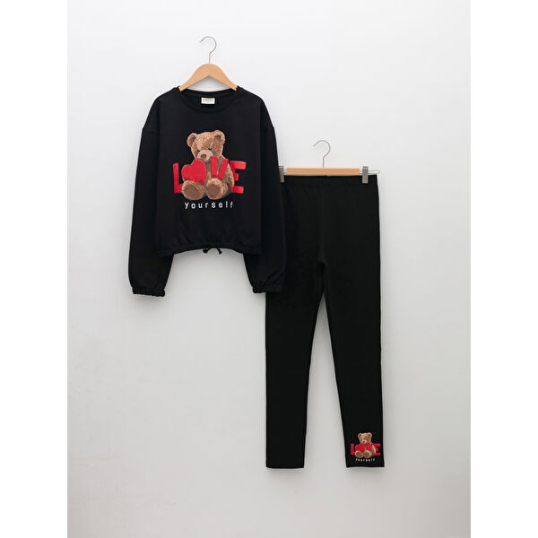 Bisiklet Yaka Baskılı Uzun Kollu Oversize Kız Çocuk Sweatshirt ve Tayt