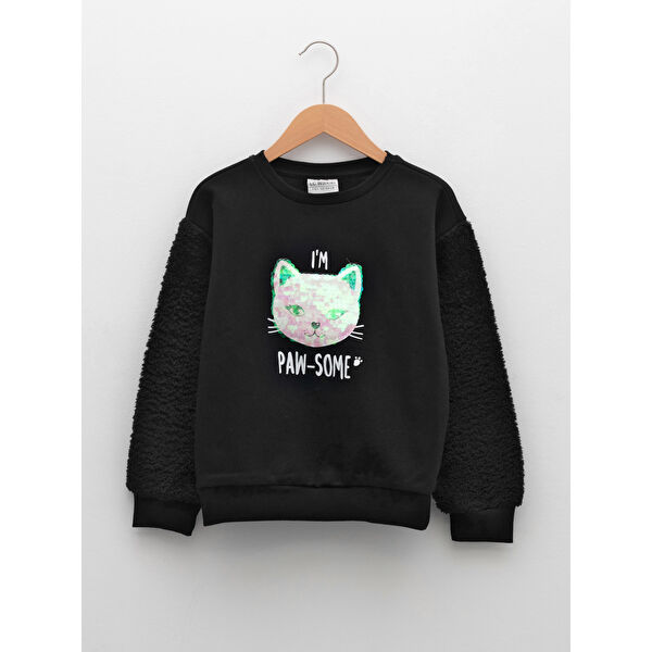 Bisiklet Yaka Pul Payetli Baskılı Uzun Kollu Kız Çocuk Sweatshirt