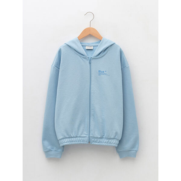 Kapüşonlu Yazı Baskılı Uzun Kollu Kız Çocuk Fermuarlı Sweatshirt Kapüşonlu Yazı Baskılı Uzun Kollu Kız Çocuk Fermuarlı Sweatshirt