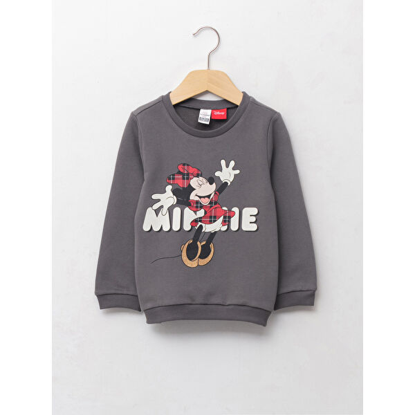 Bisiklet Yaka Uzun Kollu Minnie Mouse Baskılı Pamuklu Kız Bebek Sweatshirt