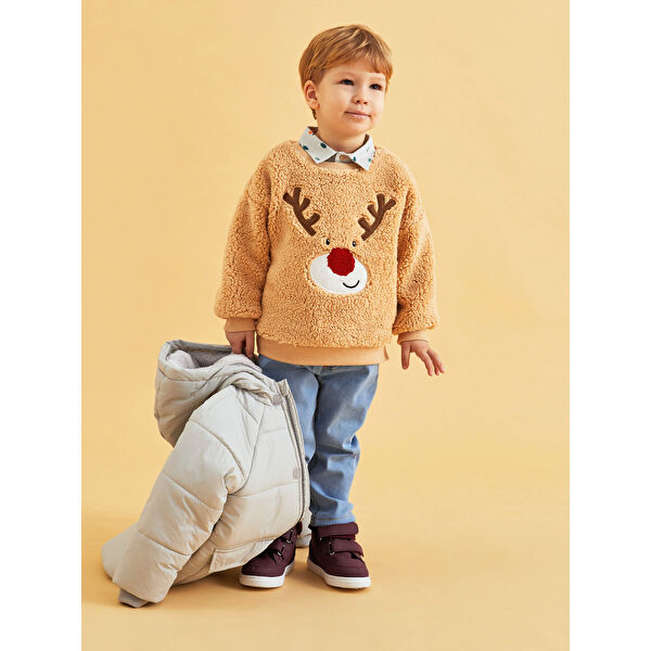 Bisiklet Yaka Uzun Kollu Yılbaşı Temalı Pelüş Erkek Bebek Sweatshirt Bisiklet Yaka Uzun Kollu Yılbaşı Temalı Pelüş Erkek Bebek Sweatshirt
