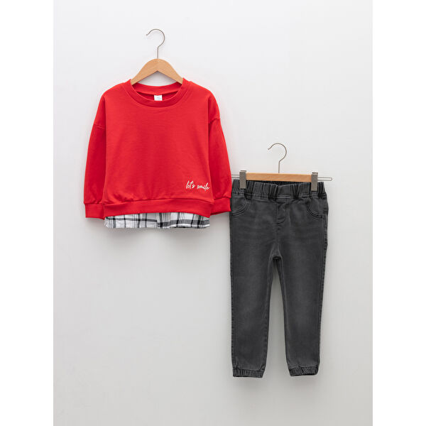 Bisiklet Yaka Uzun Kollu Erkek Bebek Sweatshirt ve Jean Pantolon 2'li Takım Bisiklet Yaka Uzun Kollu Erkek Bebek Sweatshirt ve Jean Pantolon 2'li Takım