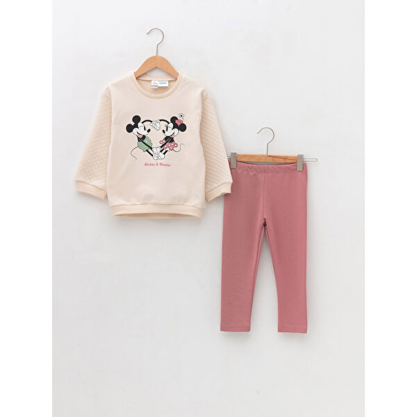 Bisiklet Yaka Uzun Kollu Minnie ve Mickey Mouse Baskılı Kız Bebek Sweatshirt ve Tayt Pantolon 2'li Takım