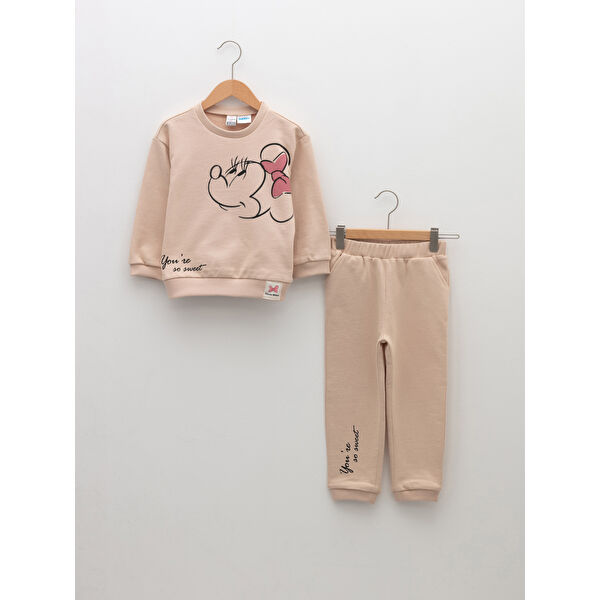 Bisiklet Yaka Uzun Kollu Minnie Mouse Baskılı Kız Bebek Sweatshirt ve Pantolon 2'li Takım