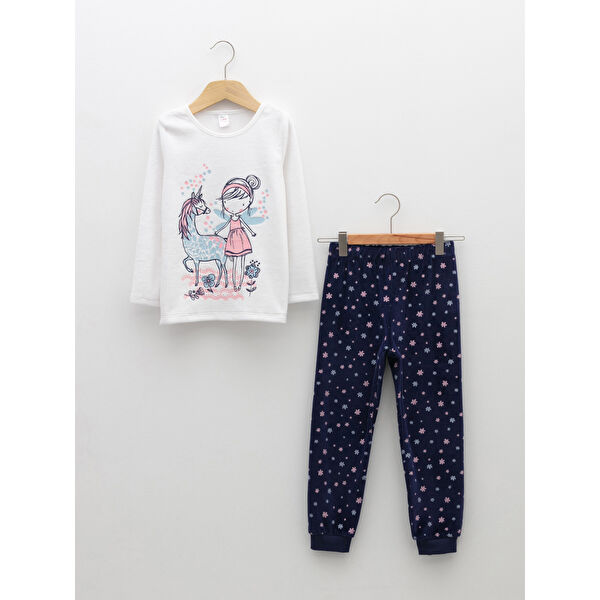 Bisiklet Yaka Baskılı Uzun Kollu Kadife Kız Çocuk Pijama Takımı