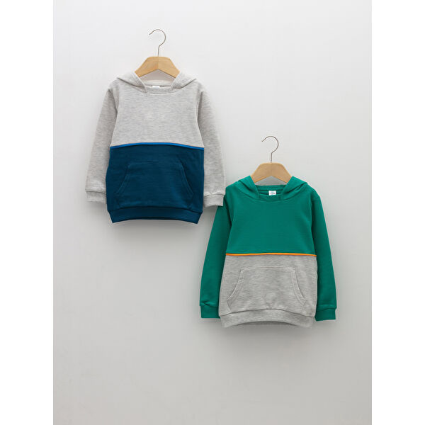 Kapüşonlu Uzun Kollu Renk Bloklu Erkek Bebek Sweatshirt 2'li