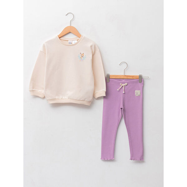 Bisiklet Yaka Uzun Kollu Kız Bebek Bambi Baskılı Sweatshirt ve Tayt 2'li Takım Bisiklet Yaka Uzun Kollu Kız Bebek Bambi Baskılı Sweatshirt ve Tayt 2'li Takım