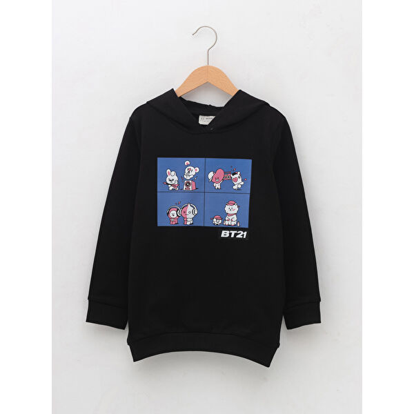 Kapüşonlu BT21 Baskılı Uzun Kollu Kız Çocuk Sweatshirt