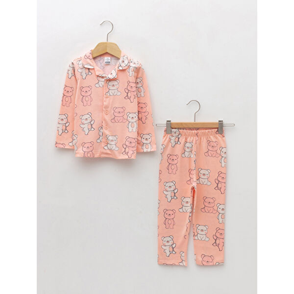 Polo Yaka Uzun Kollu Baskılı Pamuklu Kız Bebek Pijama Takımı