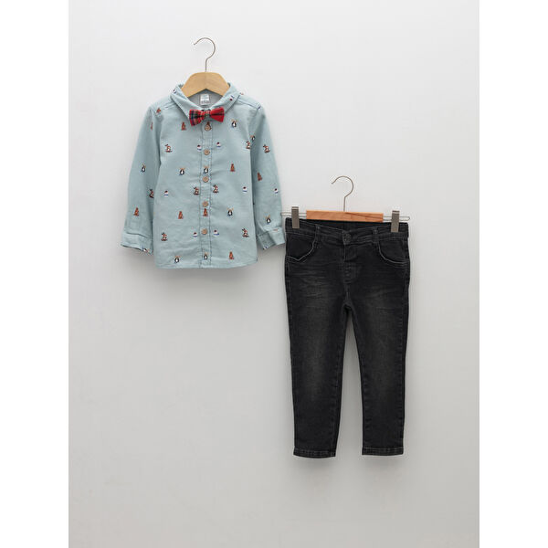 Yılbaşı Temalı Pamuklu Erkek Bebek Gömlek Jean ve Papyon 3'lü Takım Yılbaşı Temalı Pamuklu Erkek Bebek Gömlek Jean ve Papyon 3'lü Takım