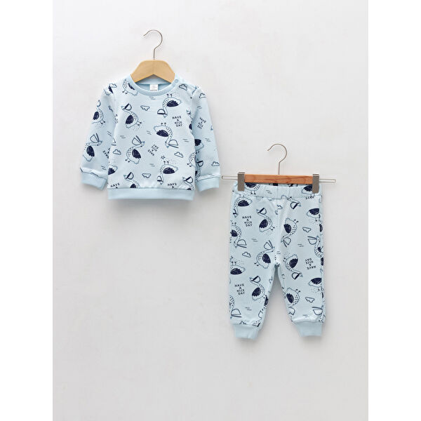 Bisiklet Yaka Uzun Kollu Baskılı Erkek Bebek Sweatshirt ve Pantolon 2'li Takım