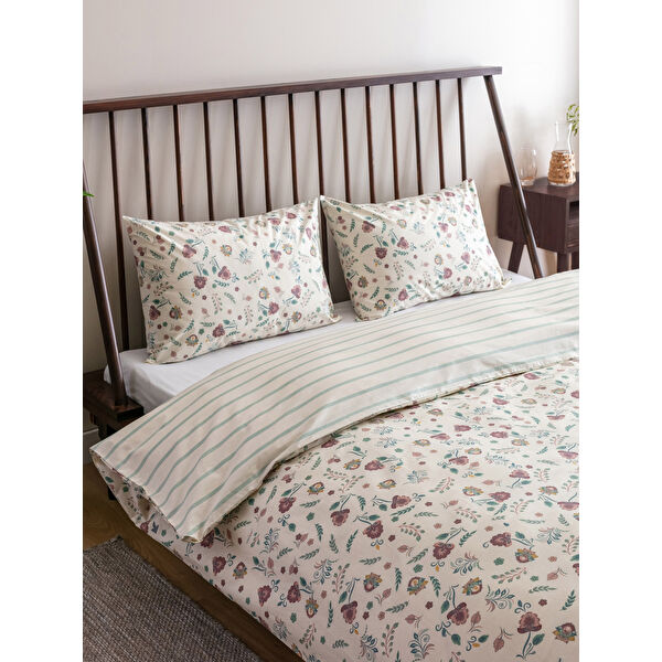Çiçek Desenli Dokuma Çift Kişilik Nevresim Seti