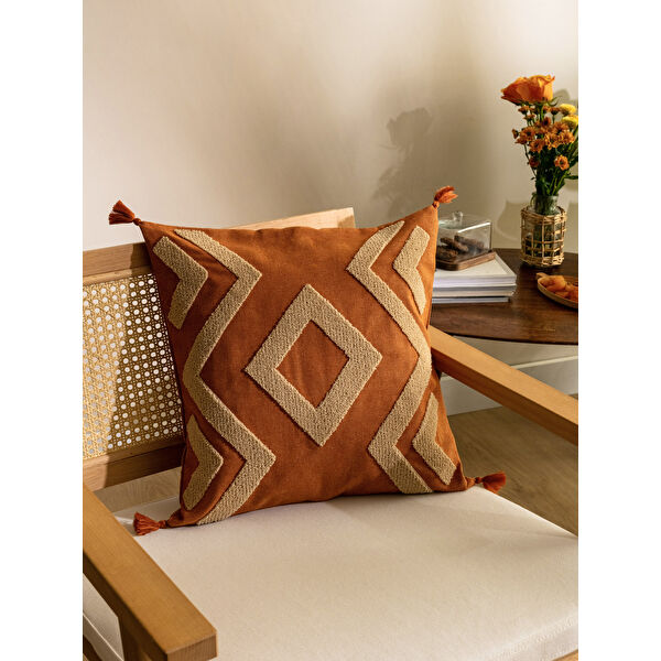 Nakışlı Püskül Detaylı Kırlent Kılıfı 45x45 Cm