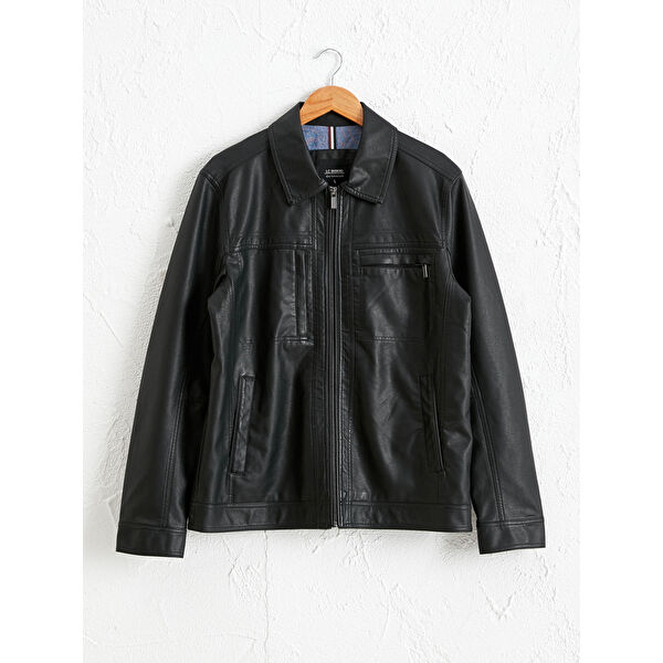 Rahat Kalıp Deri Görünümlü Mont