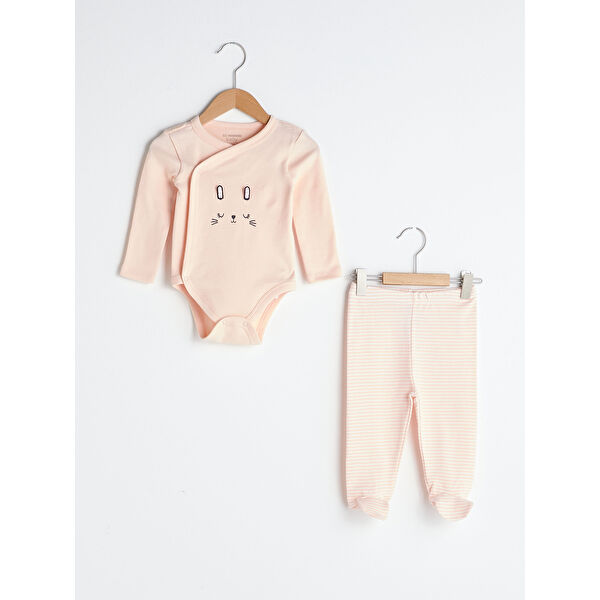 Bisiklet Yaka Uzun Kol Pamuklu Kız Bebek Çıtçıtlı Body ve Patikli Pantolon 2'li Takım
