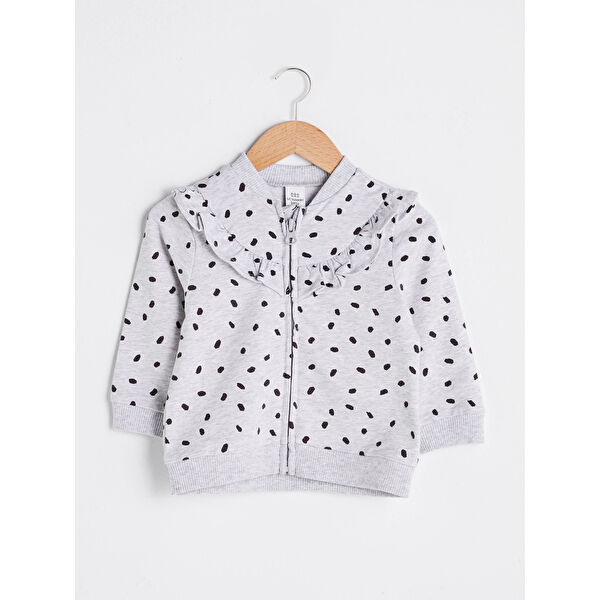 Bisiklet Yaka Baskılı Fırfır Detaylı Kız Bebek Fermuarlı Sweatshirt