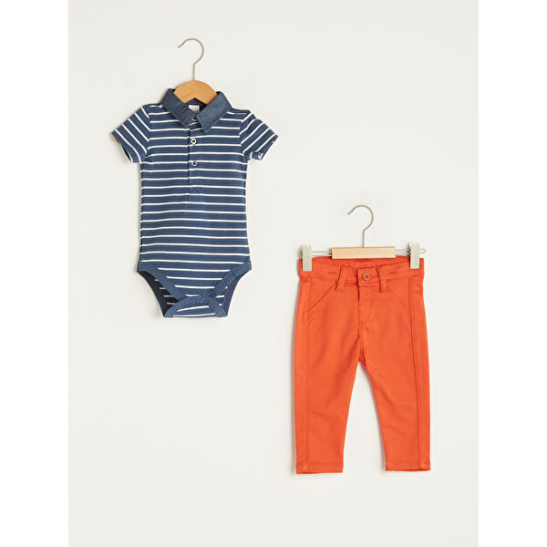 Gömlek Yaka Kısa Kollu Çizgili Erkek Bebek Çıtçıtlı Body ve Pantolon 2'li Takım
