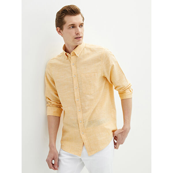 Regular Fit Uzun Kollu Keten Karışımlı Erkek Gömlek