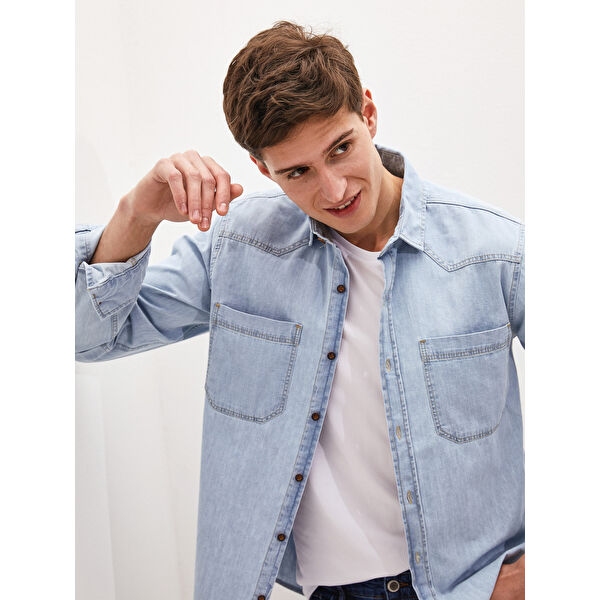 Regular Fit Uzun Kollu Erkek Jean Gömlek