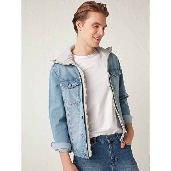 Standart Kalıp Kapüşonlu Erkek Jean Ceket