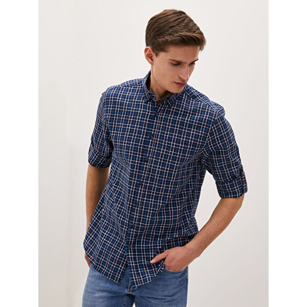 Regular Fit Uzun Kollu Ekose Poplin Erkek Gömlek