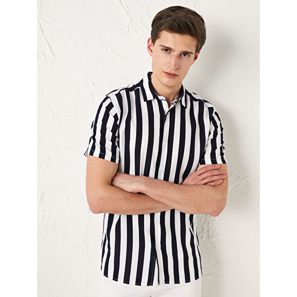 Slim Fit Kısa Kollu Çizgili Erkek Gömlek