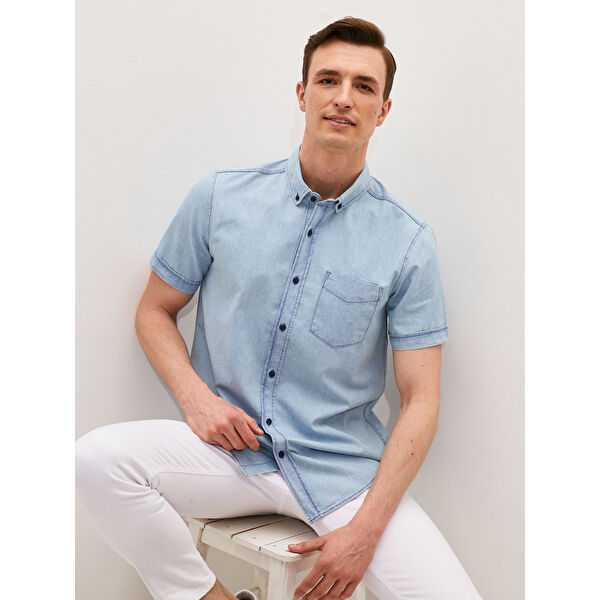 Regular Fit Kısa Kollu Erkek Jean Gömlek Regular Fit Kısa Kollu Erkek Jean Gömlek