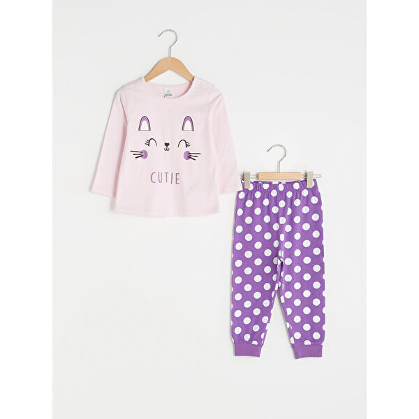 Bisiklet Yaka Uzun Kol Baskılı Pamuklu Kız Bebek Pijama Takımı