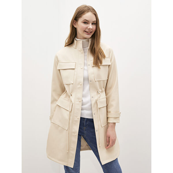 MODEST Dik Yaka Düz Uzun Kollu  Kadın Deri Görünümlü Mont