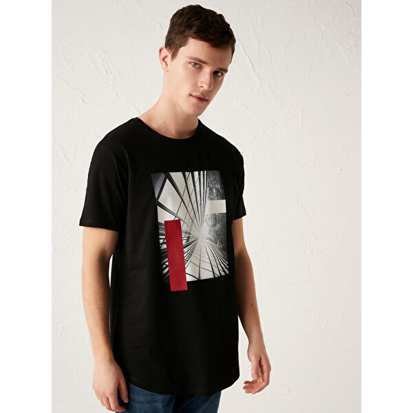 Oversize Bisiklet Yaka Baskılı Penye Tişört