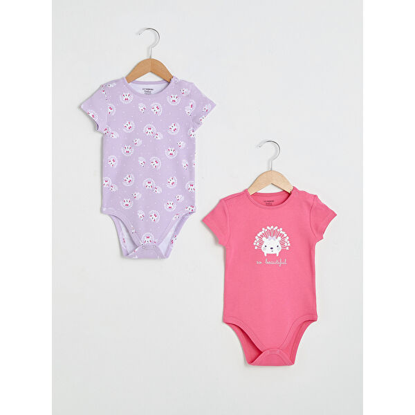Bisiklet Yaka Kısa Kol Baskılı Kız Bebek Çıtçıtlı Body 2'li