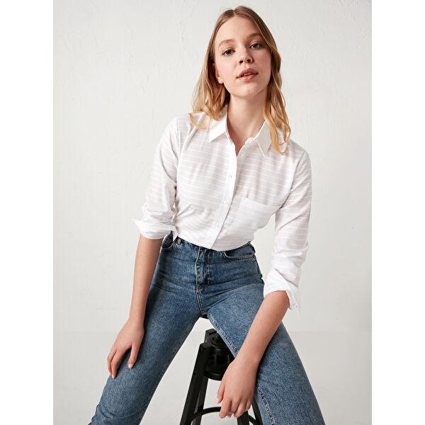 LCW CASUAL Cep Detaylı Çizgili Uzun Kollu Dobby Kumaş Kadın Gömlek