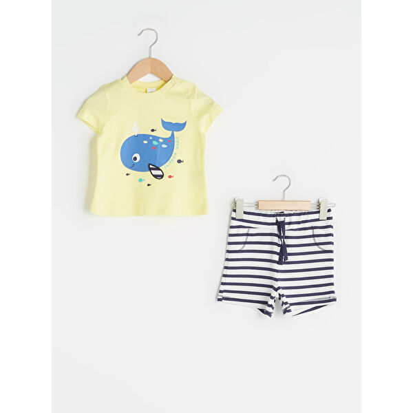 Bisiklet Yaka Kısa Kollu Baskılı Erkek Bebek Tişört ve Şort 2'li Takım