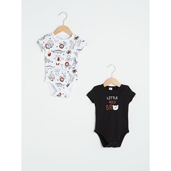 Bisiklet Yaka Kısa Kol Baskılı Erkek Bebek Çıtçıtlı Body 2'li