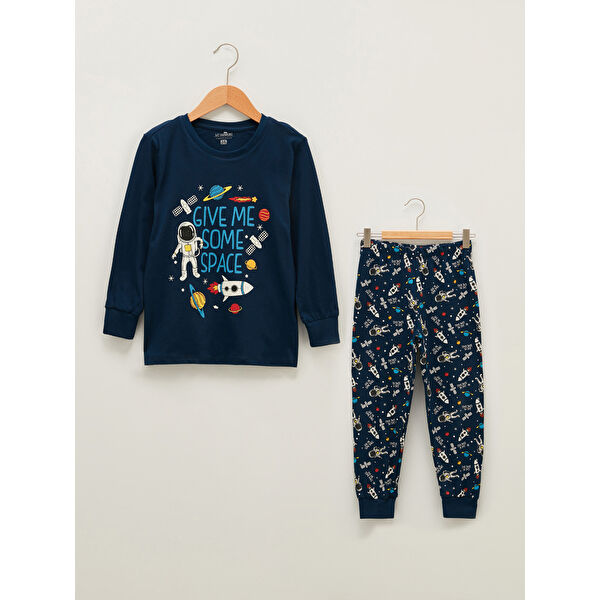 Bisiklet Yaka Karanlıkta Parlayan Baskılı Uzun Kollu Pamuklu Erkek Çocuk Pijama Takımı Bisiklet Yaka Karanlıkta Parlayan Baskılı Uzun Kollu Pamuklu Erkek Çocuk Pijama Takımı