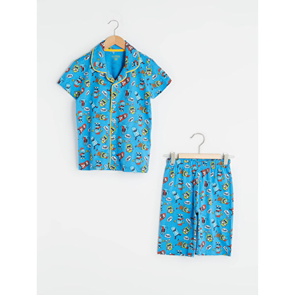 Gömlek Yaka Baskılı Kısa Kollu Erkek Çocuk Şortlu Pijama Takımı