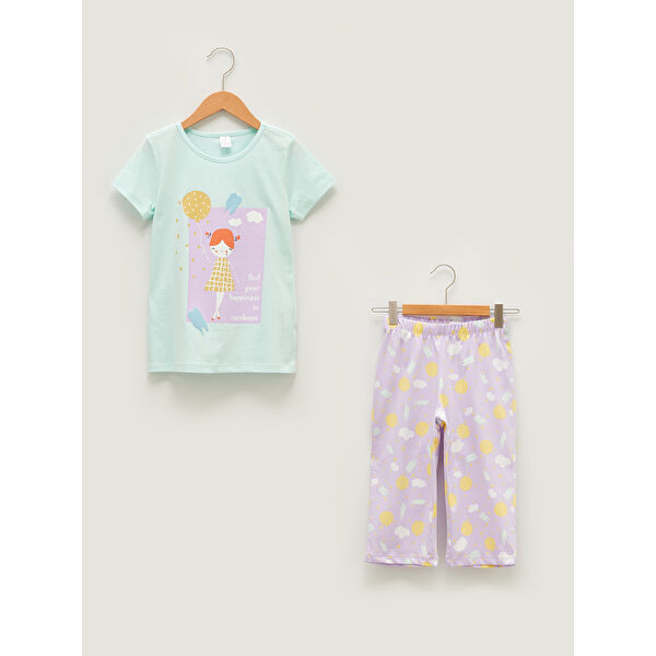 Bisiklet Yaka Baskılı Kısa Kollu Pamuklu Kız Çocuk Pijama Takımı