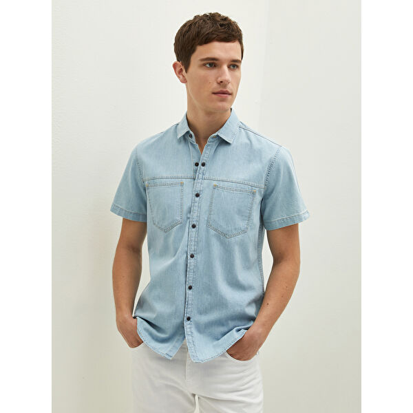 Slim Fit Kısa Kollu Erkek Jean Gömlek