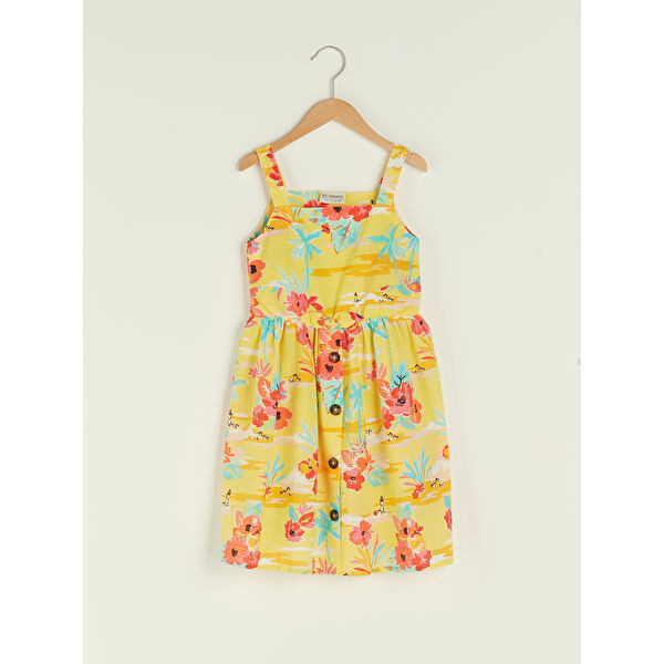 Kare Yaka Desenli Askılı Poplin Kız Çocuk Elbise