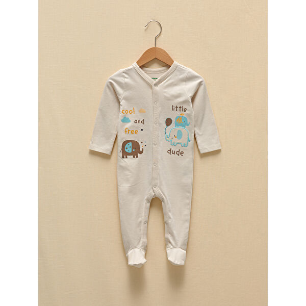 V Yaka Uzun Kollu Baskılı Organik Pamuklu Erkek Bebek Tulum
