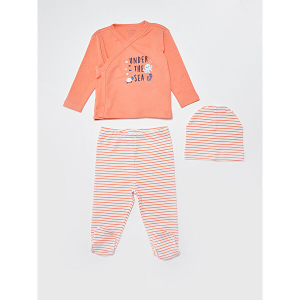 Zarf Yaka Uzun Kollu Baskılı Pamuklu Tişört Pantolon ve Bere 3'lü Takım