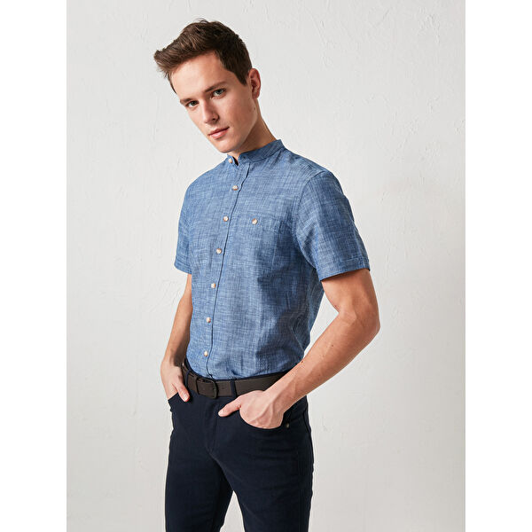 Regular Fit Hakim Yaka Kısa Kollu Poplin Gömlek Regular Fit Hakim Yaka Kısa Kollu Poplin Gömlek