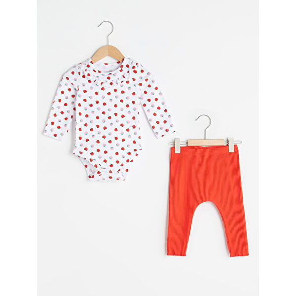Bisiklet Yaka Uzun Kollu Baskılı Pamuklu Kız Bebek Çıtçıtlı Body ve Pantolon 2'li Takım