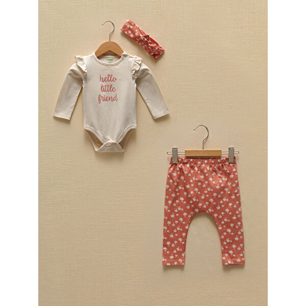 Bisiklet Yaka Uzun Kollu Baskılı Organik Pamuklu Kız Bebek 3'lü Takım