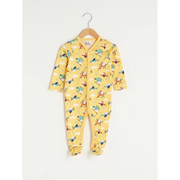 V Yaka Uzun Kollu Baskılı Pamuklu Erkek Bebek Tulum