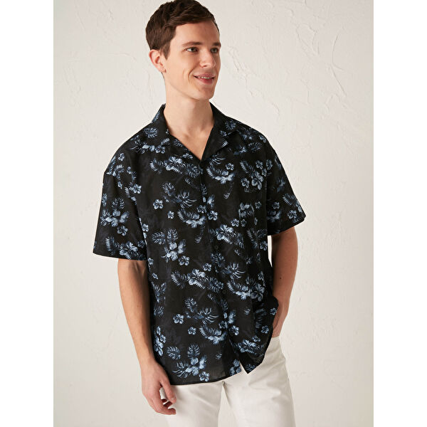 Oversize Kısa Kollu Desenli Pamuklu Erkek Gömlek