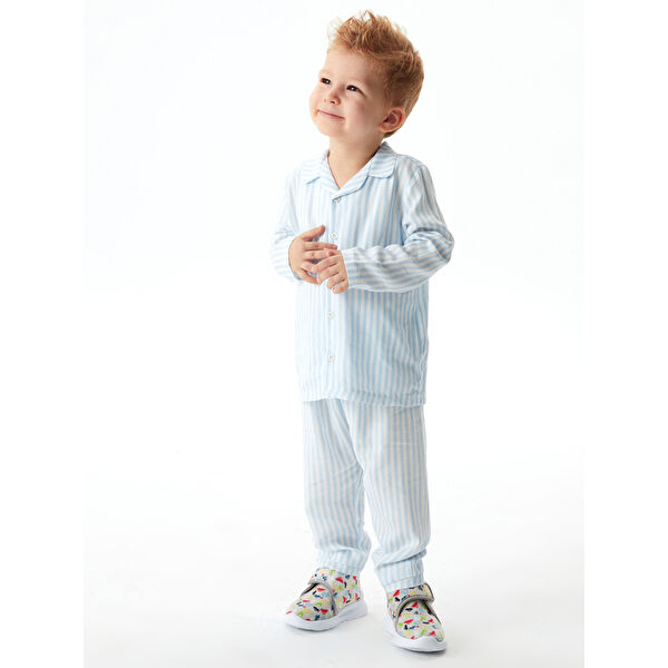 Gömlek Yaka Uzun Kol Çizgili Erkek Bebek Pijama Takımı