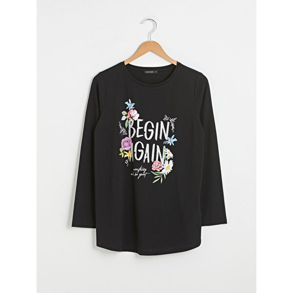 LCW CASUAL Bisiklet Yaka Slogan Baskılı Uzun Kollu Kadın Tişört