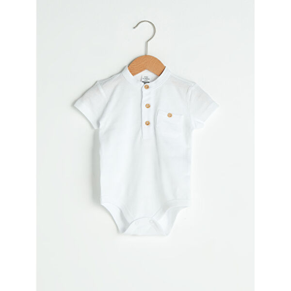 Hakim Yaka Kısa Kollu Kendinden Desenli Erkek Bebek Çıtçıtlı Body